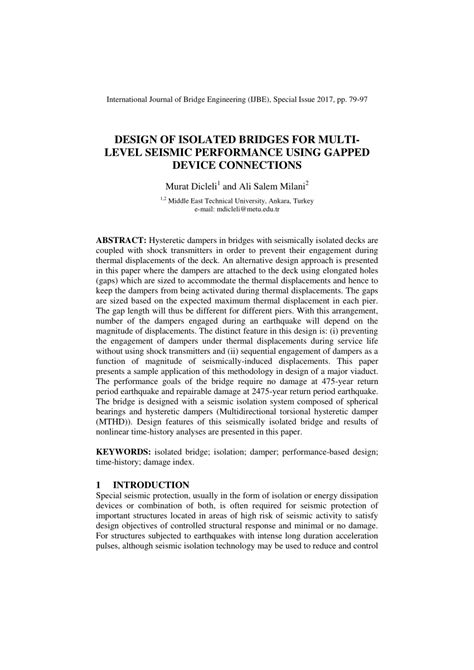Pdf Design Of Isolated Bridges For Multi Level Seismic Performance Using Gapped Device Connections