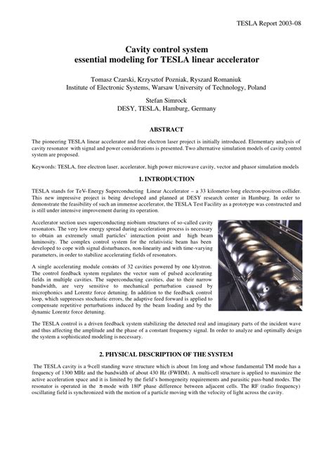Pdf Cavity Control System Essential Modeling For The Tesla Linear Accelerator