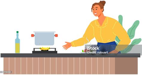 요리를 준비하고 부엌에서 음식을 만드는 여자 주부는 냄비와 요리 수프가 있는 스토브 근처에 서 있습니다 가사 집안일에 대한 스톡 벡터 아트 및 기타 이미지 Istock