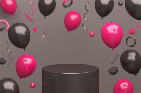 블랙 프라이데이 포디움 장식과 비행 핑크 풍선 제품 디스플레이 스튜디오 조명 배경에 모의 3d 렌더링 그림입니다 3차원 형태에 대한 스톡 사진 및 기타 이미지 Istock