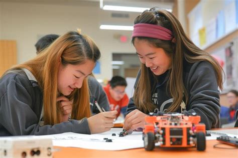 Two Girls Are Drawing With A Robot And A Robot Premium AI Generated Image