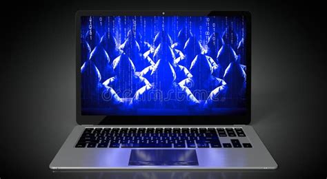 Anonymous Hooded Hackers On Laptop Screen Cyber Attack Concept Stock