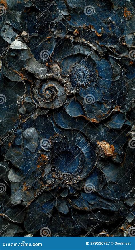 Fossilized Ammonite Sea Shell Spirals Embedded Into Dark Cobalt Blue