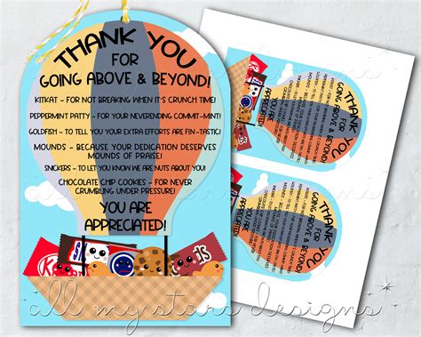 Printable Thank You For Going Above And Beyond Snack Kit Tag Instant