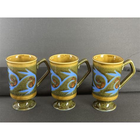 Vtg Set 3 Retro Ceramic Pedestal Mugs Abstract Blue Brown Design Mid