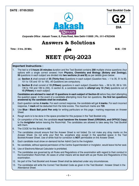 Answer Solution Neet 2023 Code G2 Final Pdf