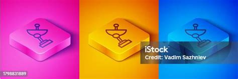 등각 투영 라인 레이더 아이콘은 분홍색과 주황색 파란색 배경에 고립되어 있습니다 검색 시스템 위성 표지판입니다 사각형 버튼 벡터 3차원 형태에 대한 스톡 벡터 아트 및 기타