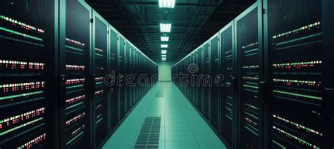 High Tech Data Center Corridor With Flashing Server Lights For