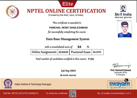 Henit Panchal On Linkedin Nptel Databasemanagement Elitecertification Skilldevelopment