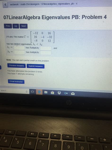 Solved Webworkmath 254 Blomgren 07linearalgebra Eigenvalues