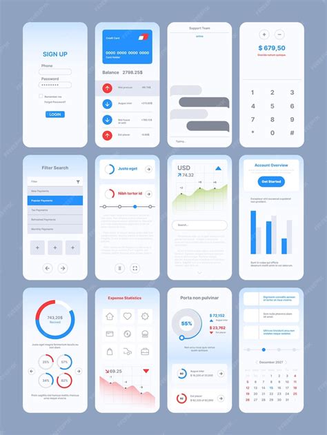 웹 페이지 디자인 사용자 Ui 키트가 있는 앱 온라인 템플릿 다양한 현대적인 기호 아이콘 탐색 프레임 검색 막대 슬라이더 버튼