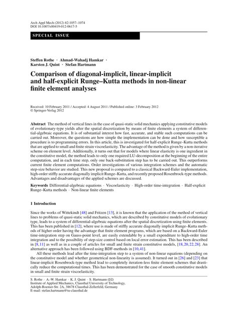 Pdf Comparison Of Diagonal Implicit Linear Implicit And Half Explicit Rungekutta Methods In