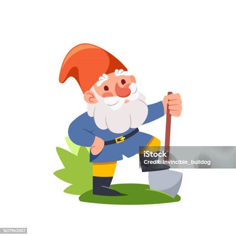 만화 그놈 정원사가 삽을 들고 서 있다 뾰족한 모자를 쓰고 장밋빛 뺨을 쓴 드워프 판타지 캐릭터 결심에 대한 스톡 벡터 아트 및 기타 이미지 Istock