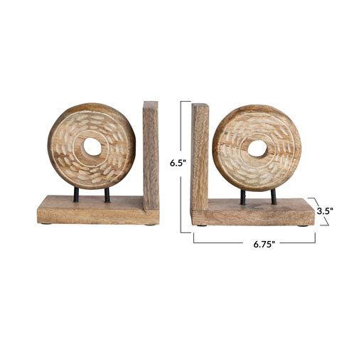 Hand Carved Mango Wood And Metal Circle Bookends On Stand Natural Set Of 2