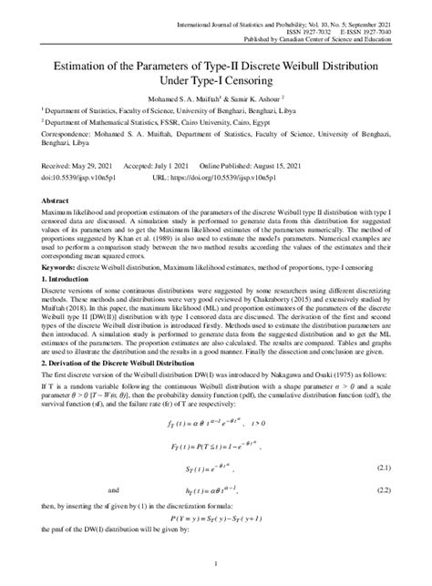 Pdf Estimation Of The Parameters Of Type Ii Discrete Weibull Distribution Under Type I Censoring