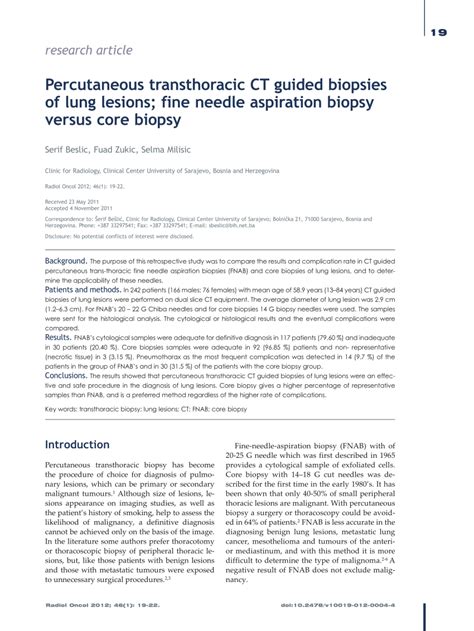 Pdf Percutaneous Transthoracic Ct Guided Biopsies Of Lung Lesions Fine Needle Aspiration