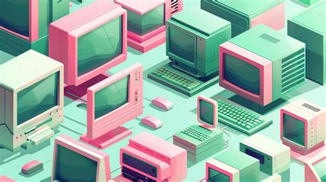 Minimalist Illustration Green And Pink Computers In Isometric Perspective With Clean Lines