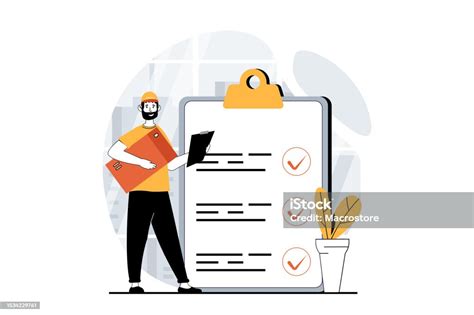 웹을 위한 플랫 디자인에서 사람들 장면이 있는 배달 서비스 개념 남자 택배는 고객에게 소포를 건네고 체크리스트에 대한 작업을 검사합니다 소셜 미디어 배너 마케팅 자료에 대한