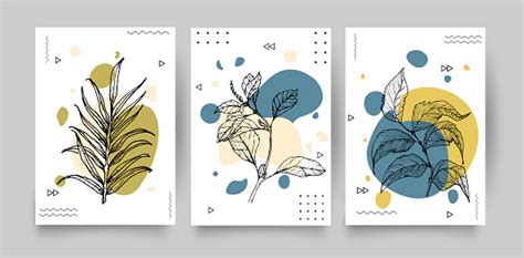 식물벽 아트 벡터 세트 종이 추상적 인 모양의 단풍 라인 아트 드로잉을위한 핸드 드로우 템플릿 잎과 라인 아트 배경 인쇄 표지