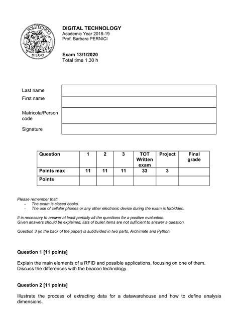 Exam Digital Tech 13 1 2020 Digital Technology Academic Year 201 8 Prof Barbara Pernici Exam