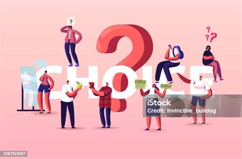 선택 개념을 만드는 사람들 거대한 물음표 아래에서 생각하는 작은 캐릭터 의심과 혼란 문제 해결 가공의 인물에 대한 스톡 벡터 아트 및 기타 이미지 Istock