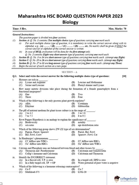 Maharashtra Board Class 12 Biology Question Paper 2023 Pdf Flowers Fertilisation