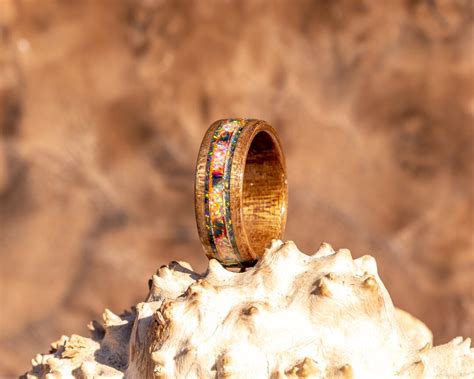 Walnut Bent Wood Opal Ring Orange And Black Opal Inlay Ring Mens