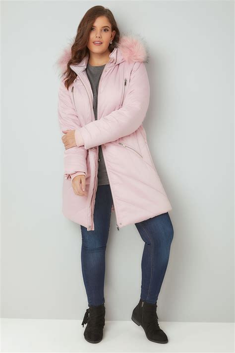 Pink Padded Parka Jacket With Faux Fur Hood Plus Size 16 To 36