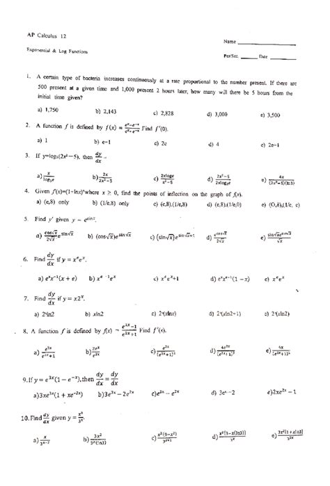 Exponential And Log Functions W Ans Ap Calcuus 12 Exponential And Log