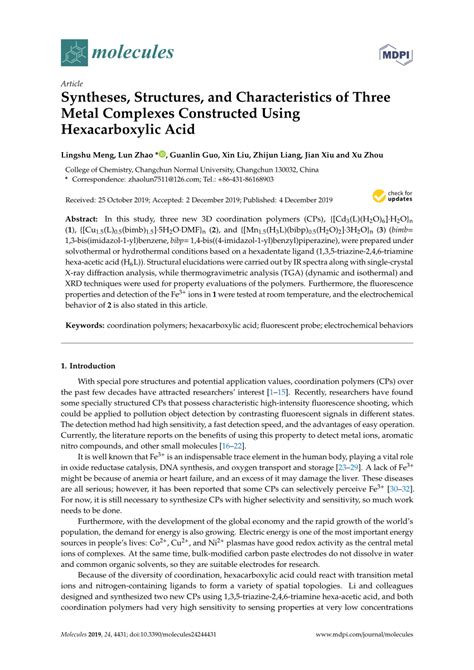 Pdf Syntheses Structures And Characteristics Of Three Metal