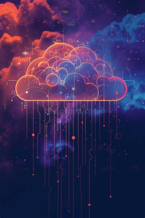 Stylized Cloud Adorned With Intricate Digital Patterns And Circuit Lines Against A Cosmic
