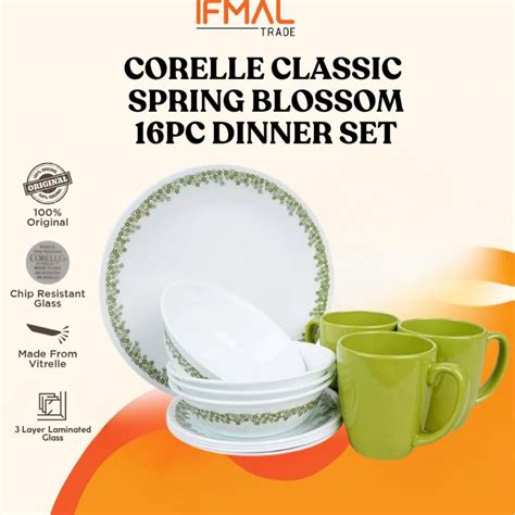 Ready Stock Corelle Classic Spring Blossom Green 16pc Dinner Set