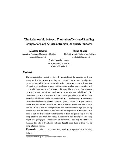 Pdf The Relationship Between Translation Tests And Reading Comprehension A Case Of Iranian