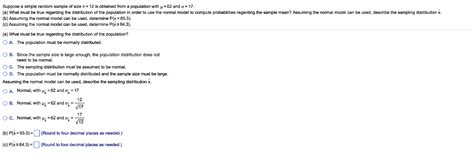 Solved Suppose A Simple Random Sample Of Size N 12 Is