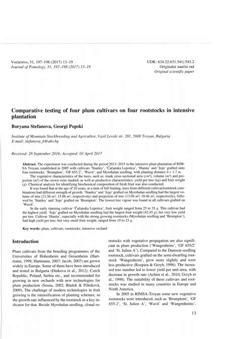Pdf Comparative Testing Of Four Plum Cultivars On Four Rootstocks In