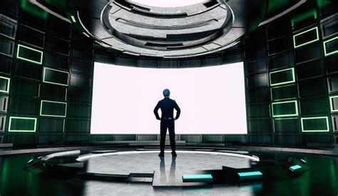 빈 대형 스크린 혼합 미디어가 있는 첨단 기술 제어실 앞을 보고 생각하는 사업가 프리미엄 사진