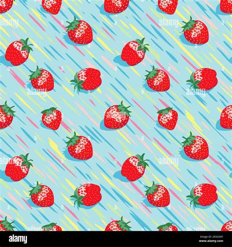 Seamless Strawberry Pattern On A Blue Background With Iridescent Stripes Vector Illustration