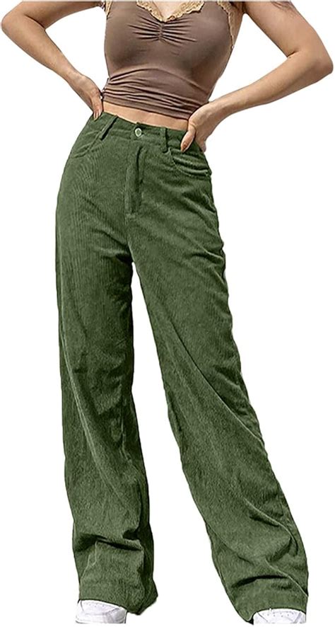 Womens High Waist Corduroy Pants Vintage Solid Straight Leg Baggy Trousers Casual Streetwear