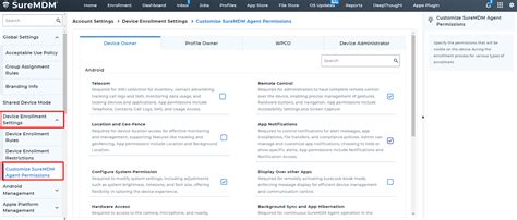 How To Configure Suremdm Agent Permissions Based On Enrollment Type