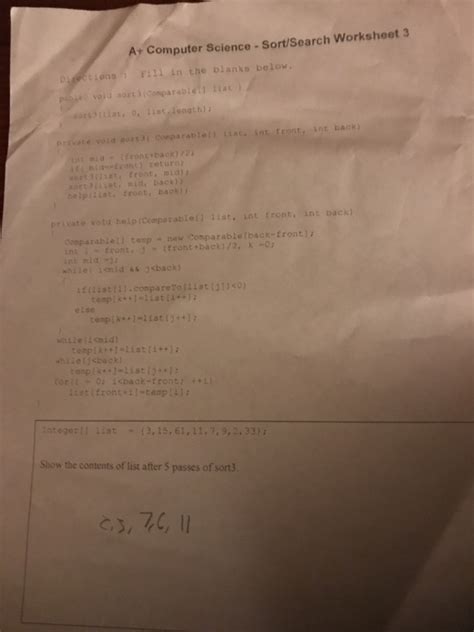 Solved A Computer Science Sortsearch Worksheet 3 Fill In