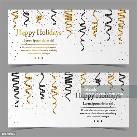 검은색과 금색의 구불구불한 리본 흰색 배경에 분리된 먼지 색종이가 있는 벡터 카드 배너 휴일 디자인 로고 웹 초대장 비즈니스 파티 요소 벡터 그림입니다 검은색에 대한 스톡