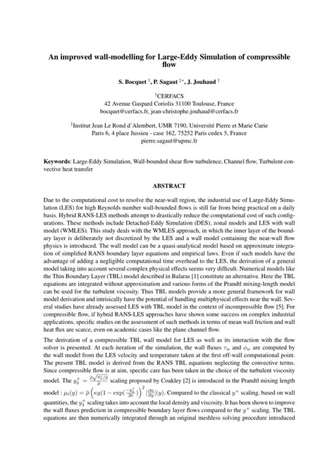 Pdf An Improved Wall Modelling For Large Eddy Simulation Of Compressible Flows