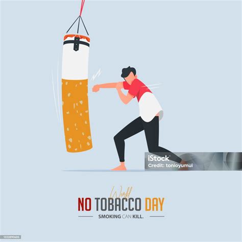 5월 31일 세계 금연의 날 포스터 디자인 권투 샌드백을 펀칭하는 남자는 담배를 끊기 위해 싸우고 있는 남자에게 정의합니다 인식 캠페인을 위해 흡연 포스터를 중지합니다 금연