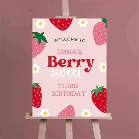 Berry Sweet Birthday Welcome Sign Editable Template 1st Birthday Girl