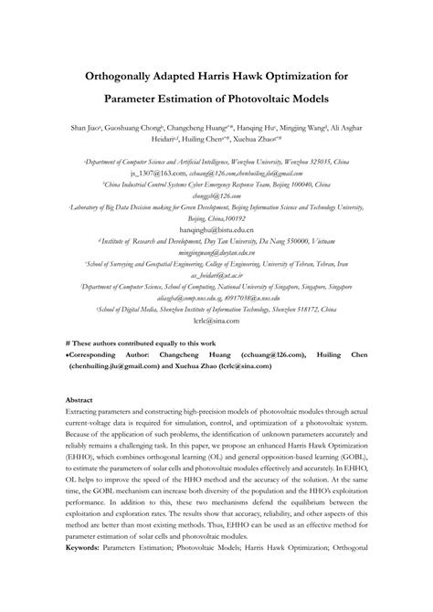Pdf Orthogonally Adapted Harris Hawk Optimization For Parameter Estimation Of Photovoltaic Models