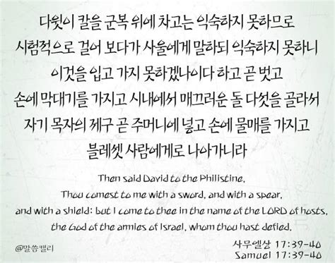 말씀캘리 사울이 준 갑옷이나 무기는 그에게 맞지 않앗다 그에게 익숙 했던건 돌이었다 하나님을 통해서 일하실 수 있는것을 가지고 있어야 한다 하나님을 나의 삶에서