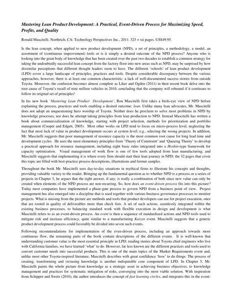 Pdf Book Review Mastering Lean Product Development A Practical Event Driven Process For