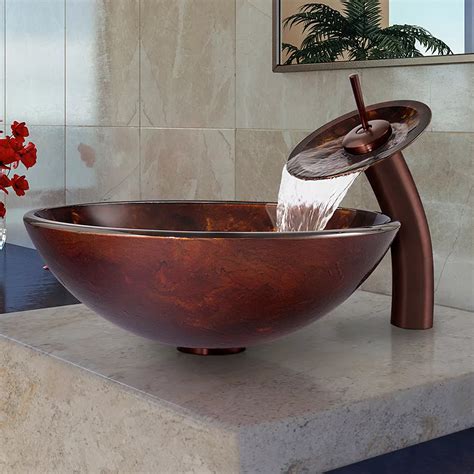 Vigo Glass Vessel Bathroom Sink In Brown And Gold Fusion With Waterfall Faucet Set In Oil