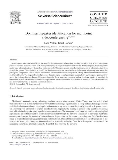 Pdf Dominant Speaker Identification For Multipoint · Dominant Speaker Identiﬁcation For