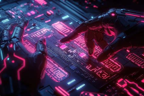 Robotic Hands Interacting With Futuristic Circuit Board Neon Lights Technology Stock